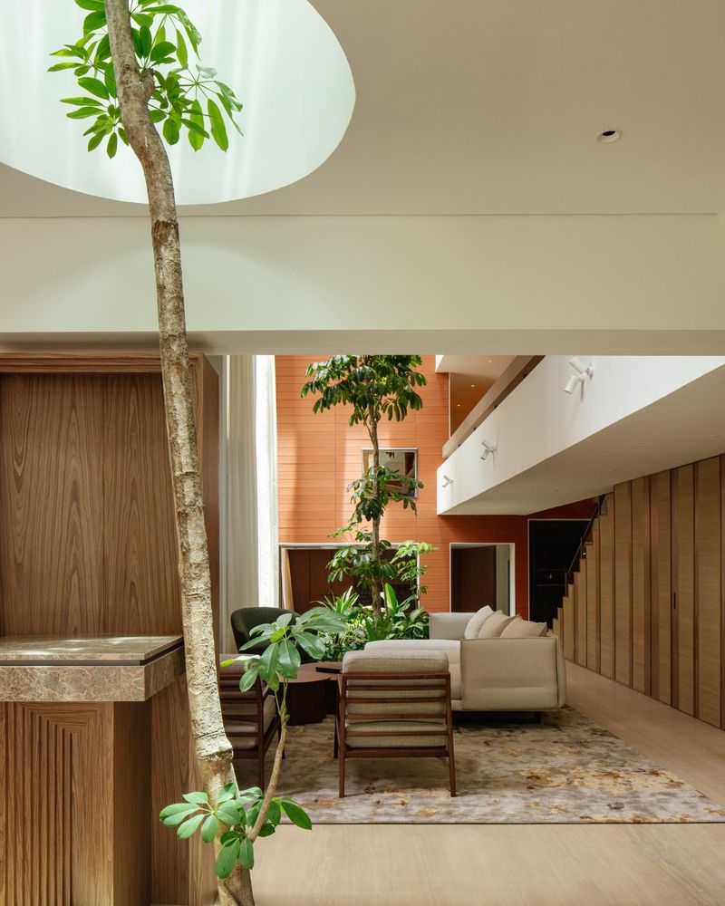 in between house is a courtyard sanctuary of light, brick, and trees ...