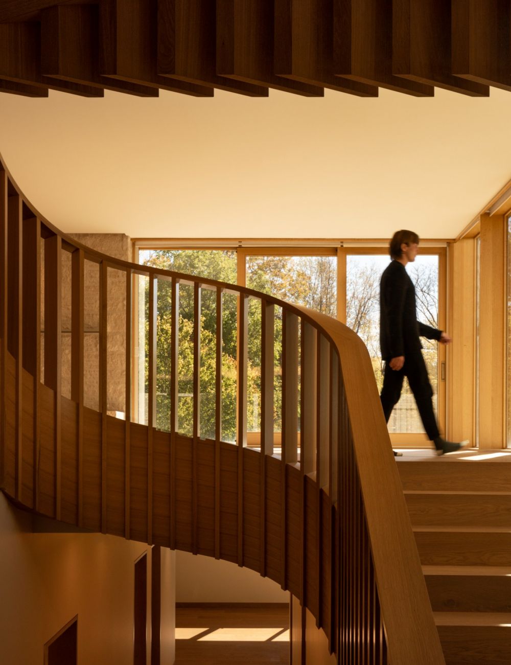 a modern canadian 1255 house is centralized around curved wooden stairs ...