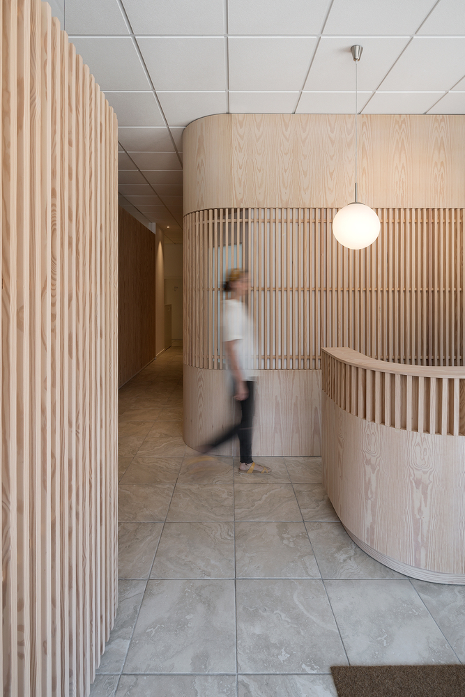 a contemplative physiotherapy center wrapped in smooth wooden interior ...