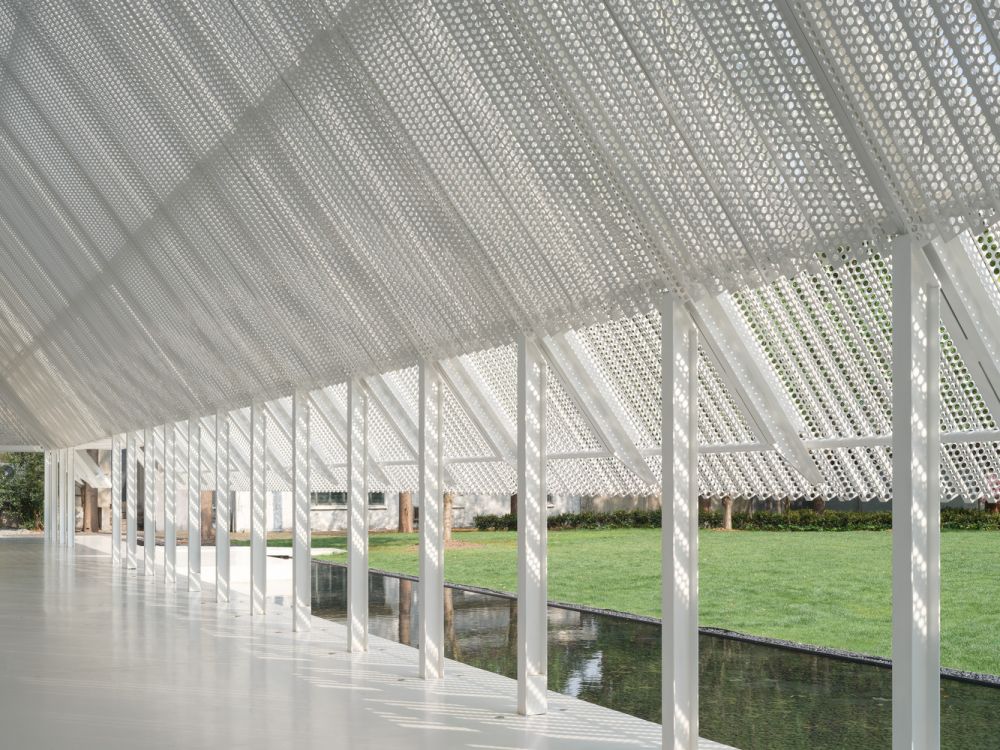 the breeze hall invites a moment of reflection through its feather ...